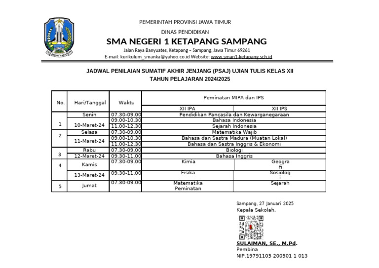 Jadwal Psaj Ujian Tulis Kelas Xii 2025 Fix | PDF
