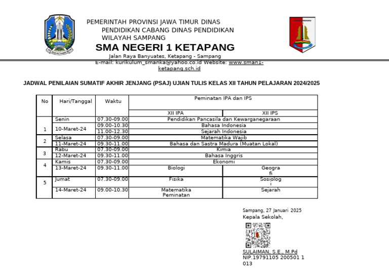 Jadwal Psaj Ujian Tulis TH 2024-2025 | PDF