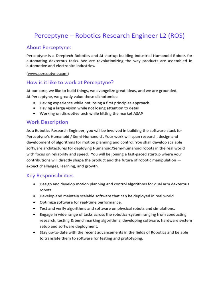 Robotics Research Engineer at Perceptyne | PDF | Robotics | Robot