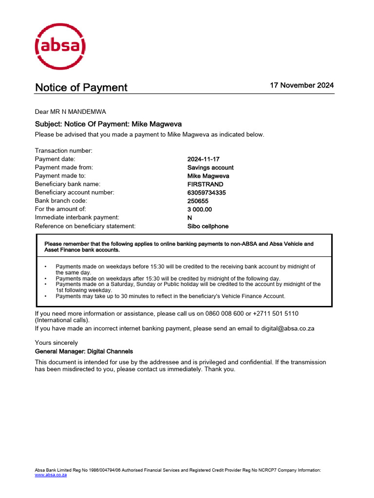 Absa Payment Notice for Mike Magweva | PDF