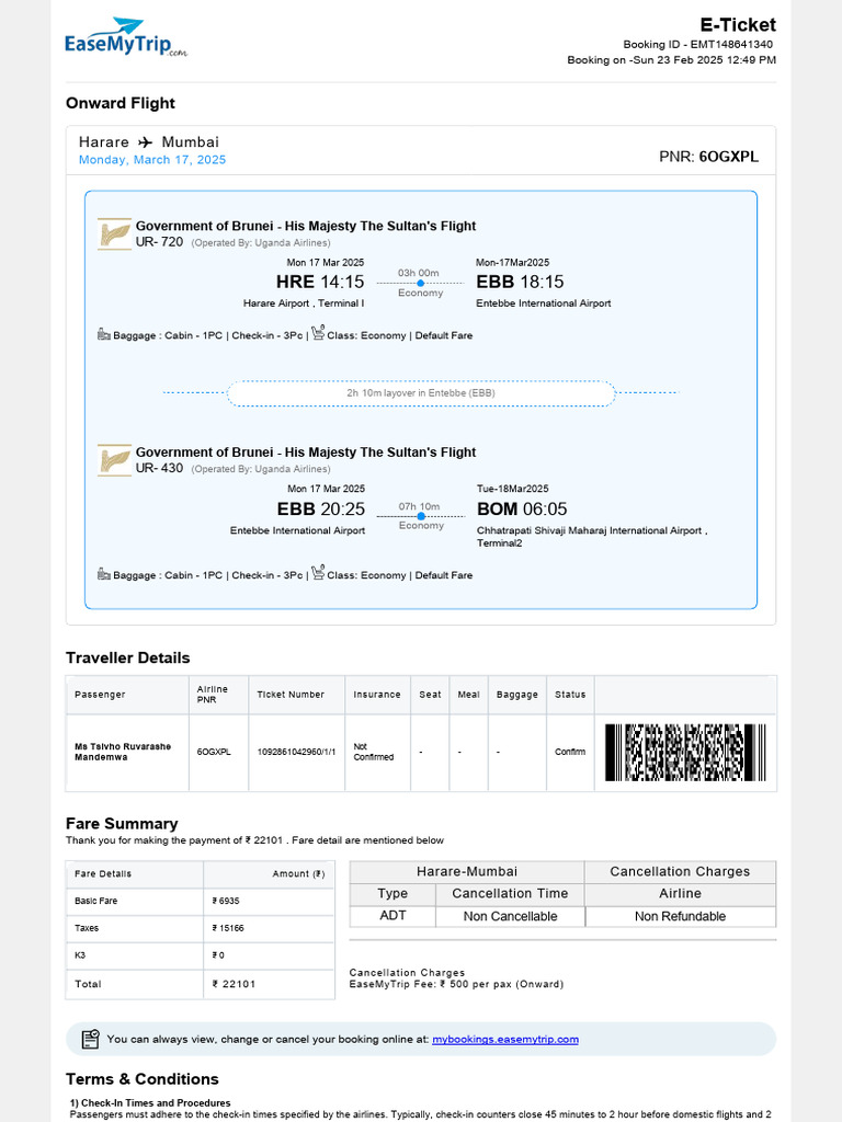 EaseMyTrip Flight E-Ticket For Flights | PDF | Travel Visa | Airlines