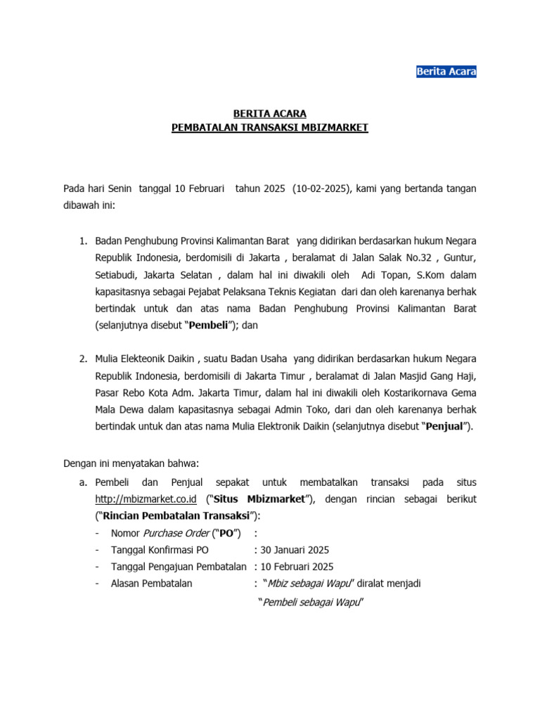 Pembatalan Transaksi Mbizmarket | PDF