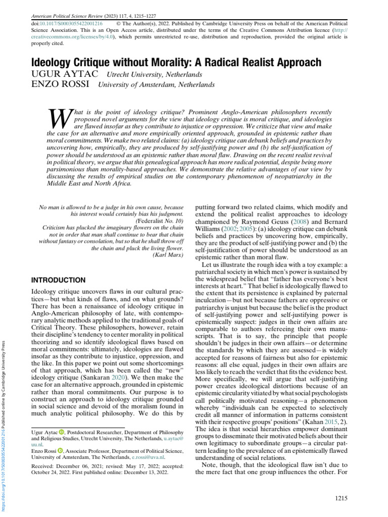 Ideology Critique Without Morality A Radical Realist Approach | PDF ...