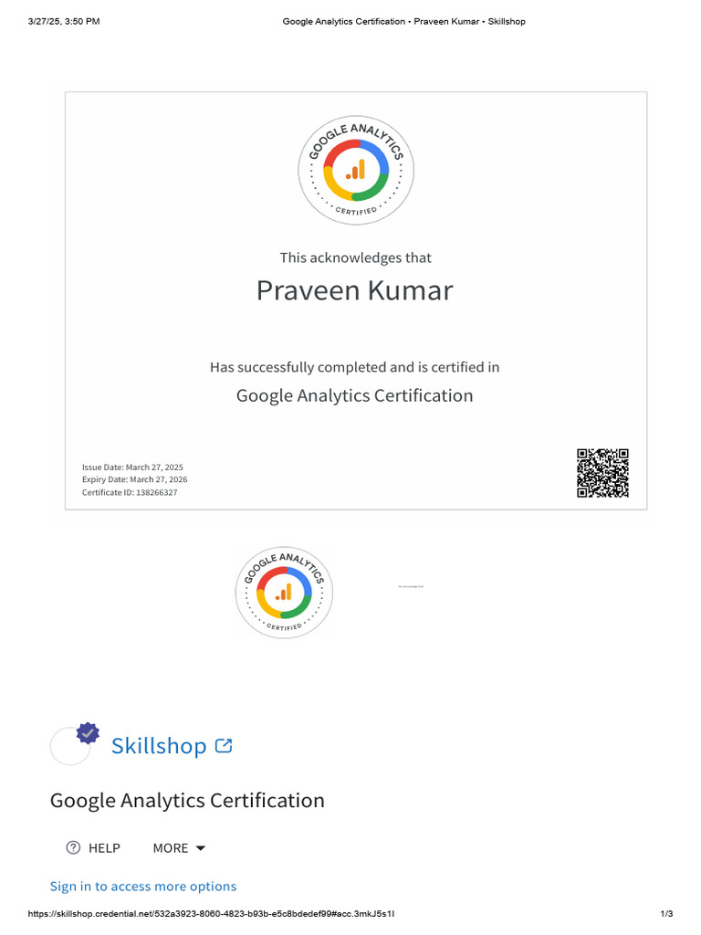Google Analytics Certification - Praveen Kumar - Skillshop | PDF | Credential | Analytics