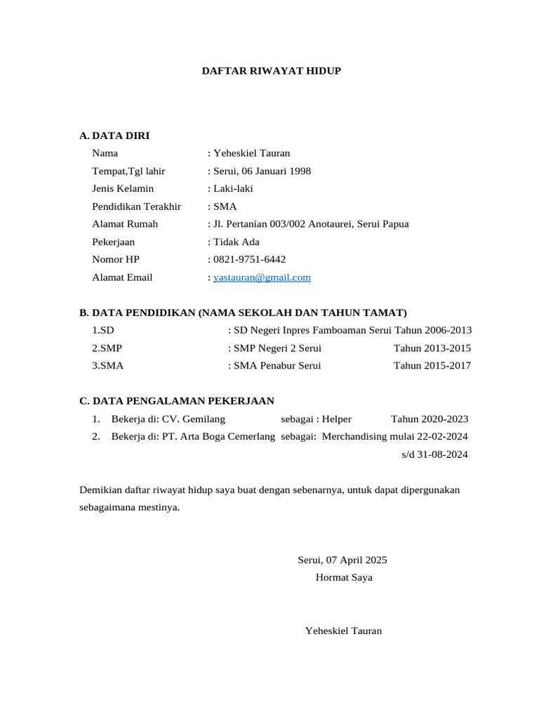 Daftar Riwayat Hidup Yeheskiel Tauran | PDF