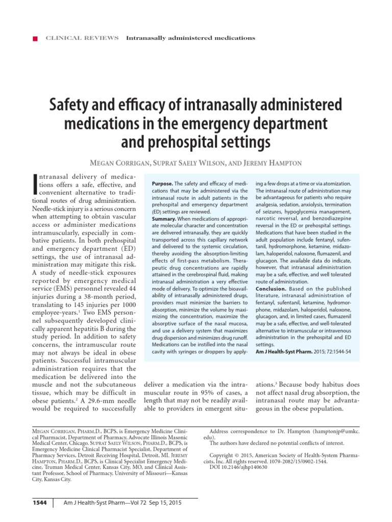 Safety and Efficacy of Intranasally Administered Medications in The ...