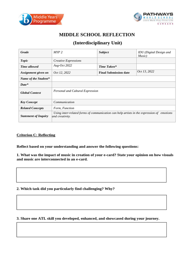 PWSUNP1784TSK5-Task 3 IDU MYP 2 Reflection Sheet final | PDF
