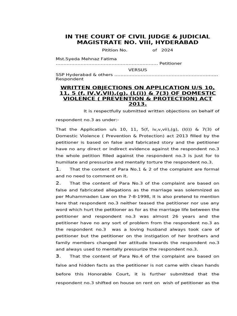 WRITTEN OBJECTIONS IN DOMESTIC VIOLENCE OF 2024 Syeda Mehnaz Vs Rehan ...