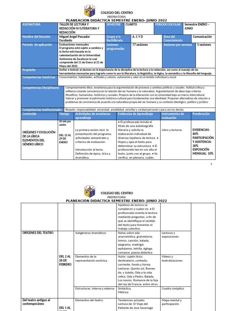 Planeación Taller de Lectura IV Miguel Angel Pescador Escobedo | PDF | Ensayos | Enseñando