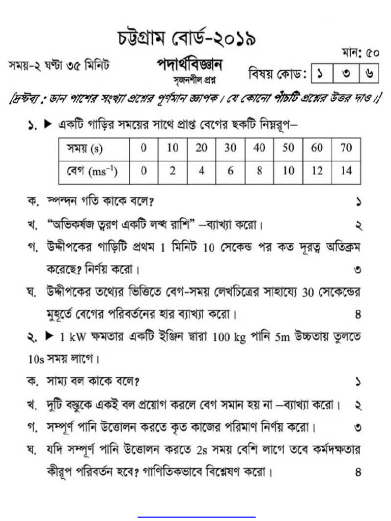 SSC Physics Question 2019 Chattogram Board | PDF