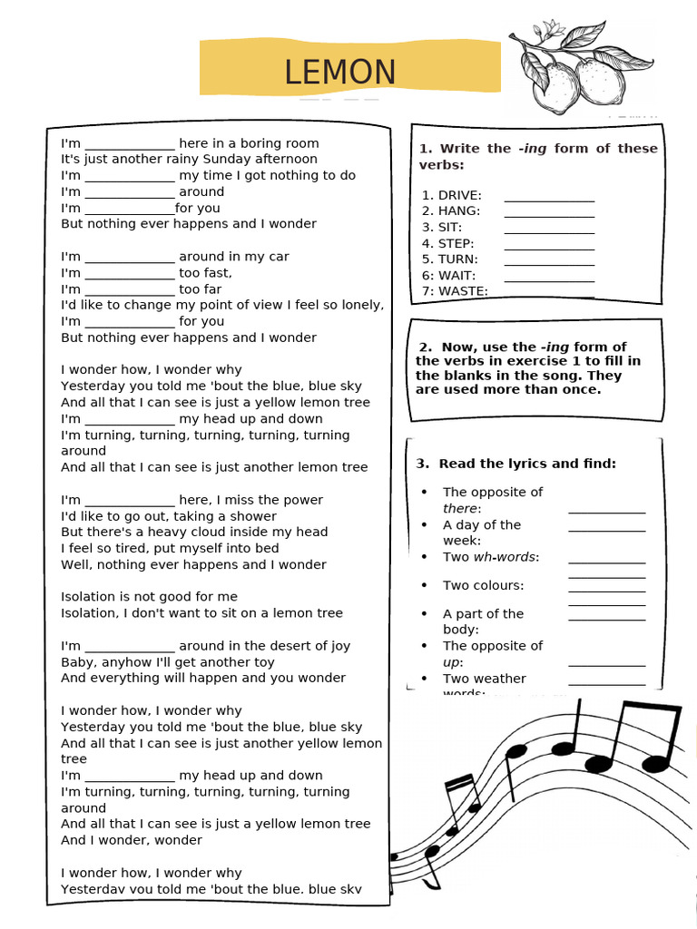 Lemon Tree Song Present Continuous Worksheet - 148832 | PDF