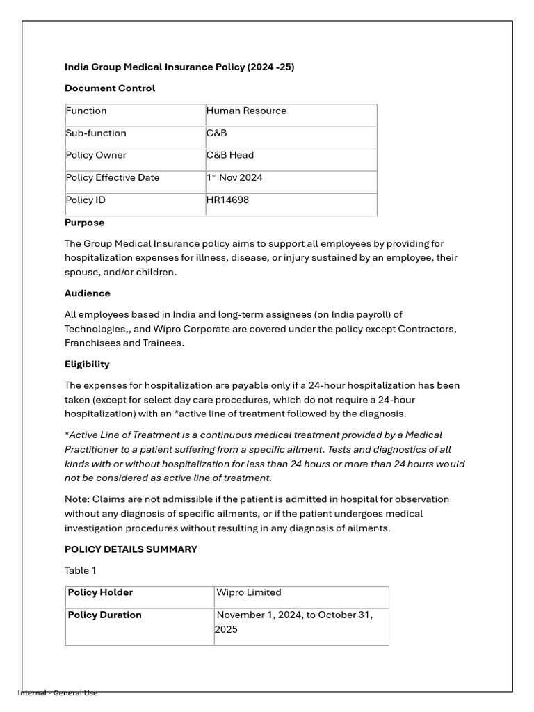 India Group Medical Insurance Policy | PDF | Deductible | Hospital