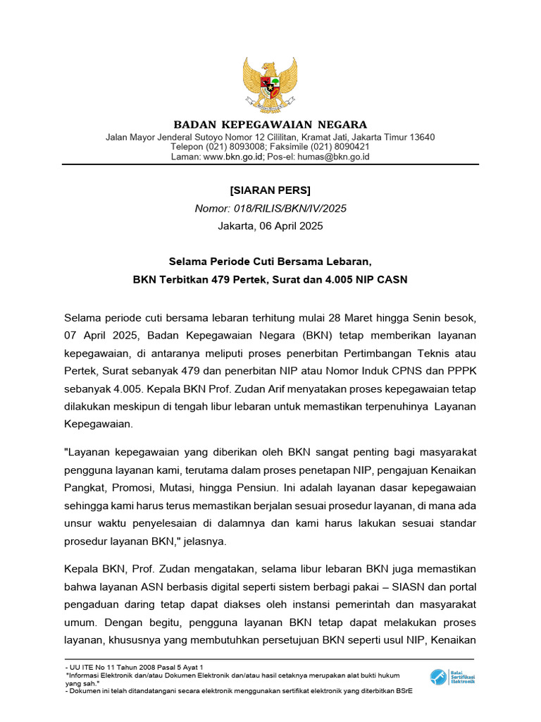 SIARAN PERS Nomor 018 - RILIS - BKN - IV - 2025 6 April 2024 | PDF