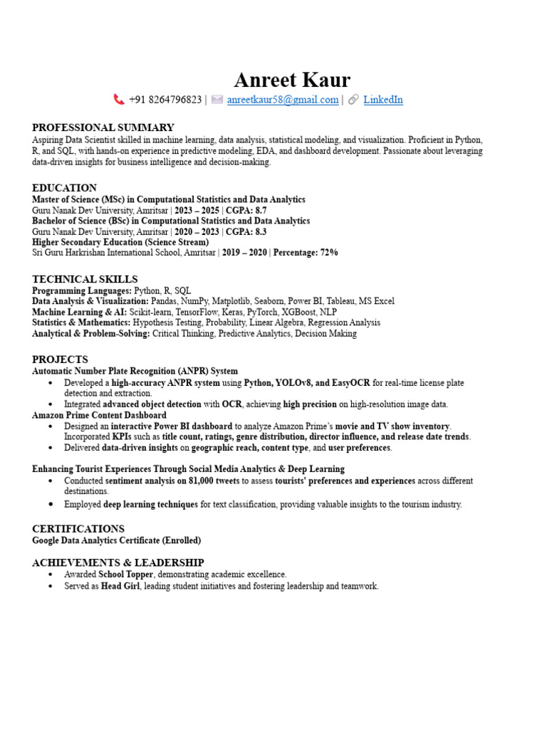 AnreetKaur - Resume (Data Scientist) | PDF | Data Analysis | Analytics