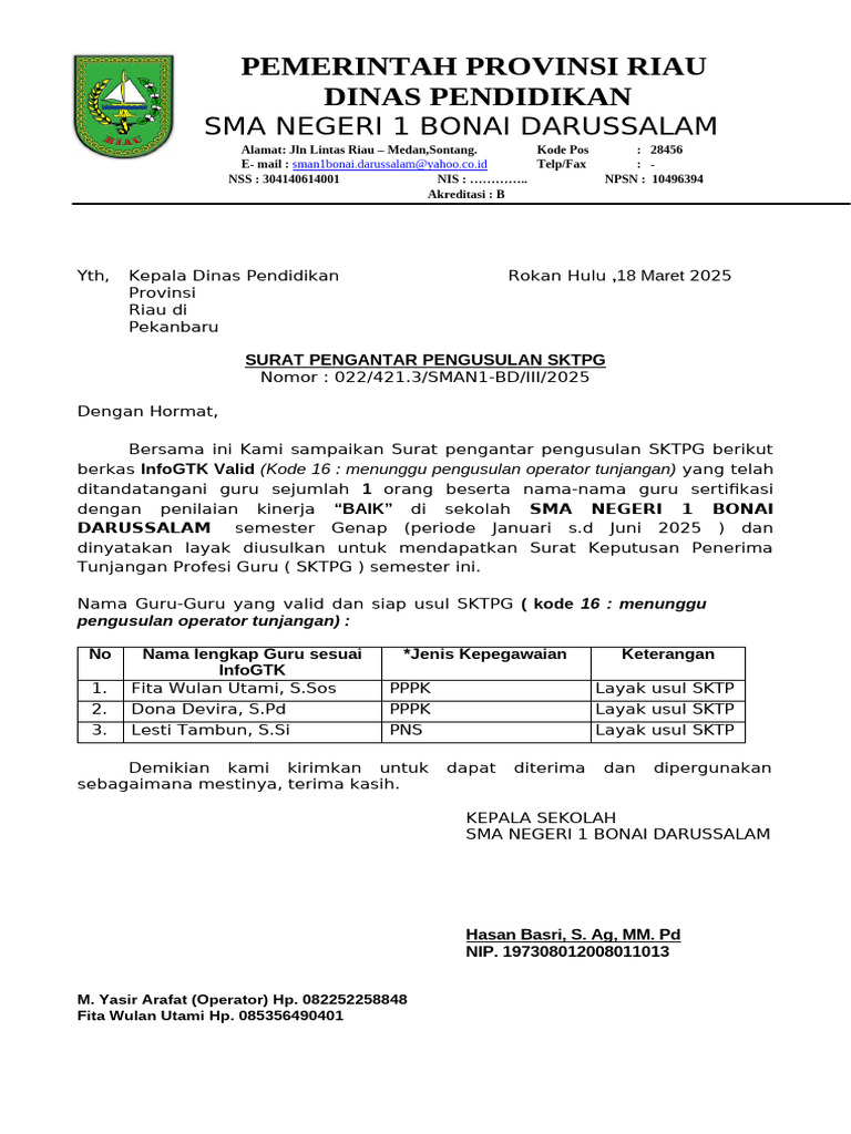 Pemberkasan Infogtk Dan Contoh Surat Pengantar SKTPG Periode Jan SD ...