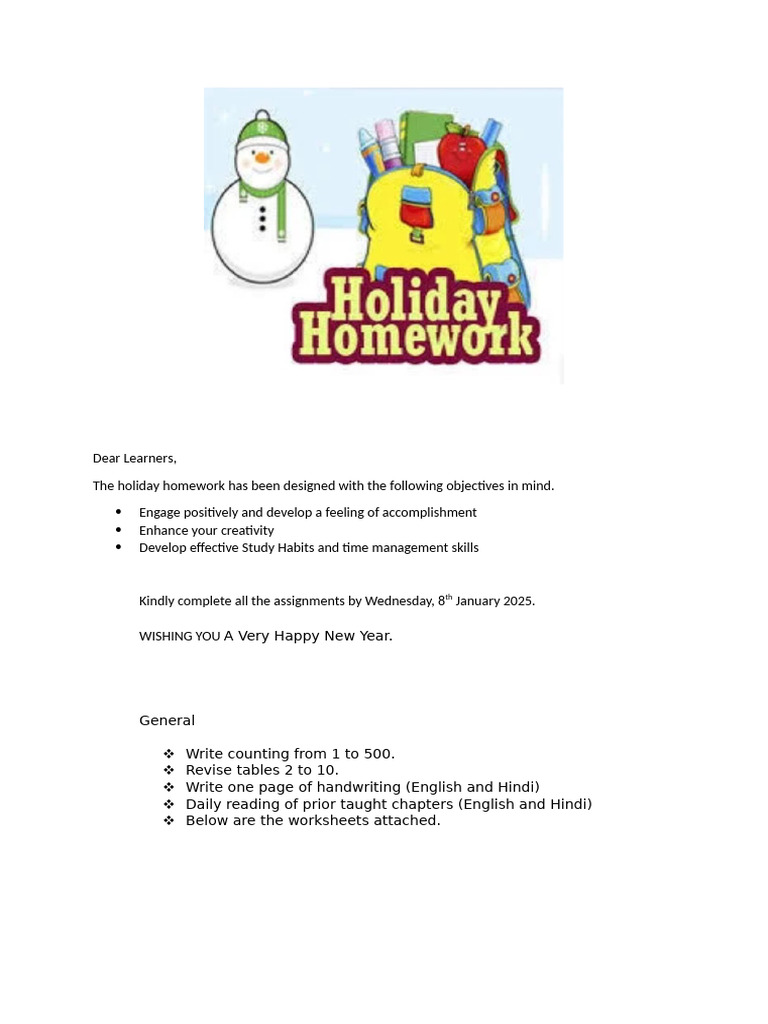 Holiday Homework Assignments 2025 | PDF
