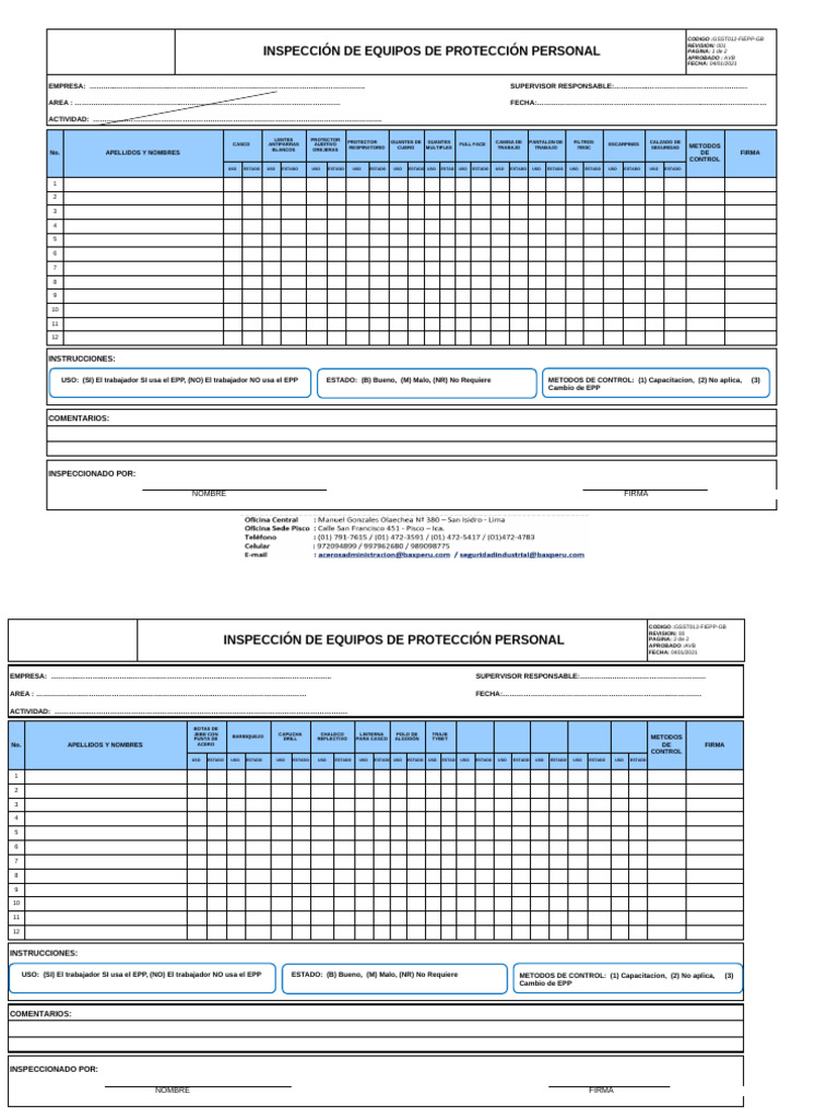 FORMATO DE INSPECCION EPP Modelo | PDF