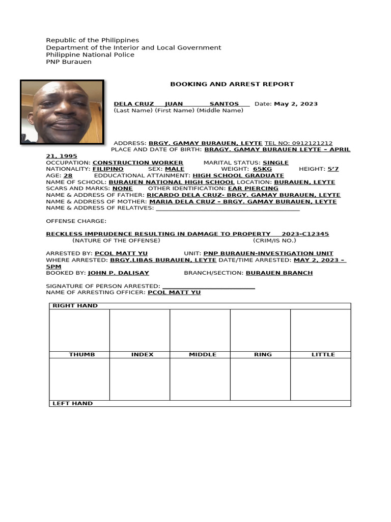 Sample Format of Booking and Arrest Report | PDF