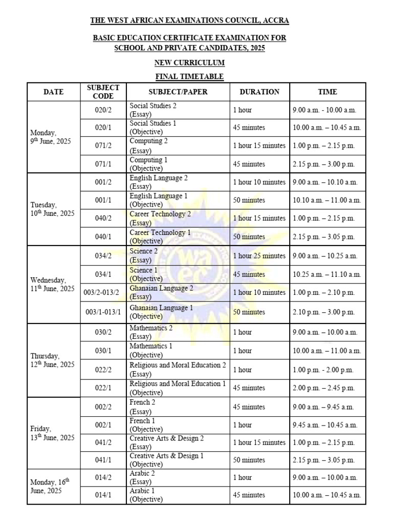 BECE 2025 Final Timetable Released | PDF