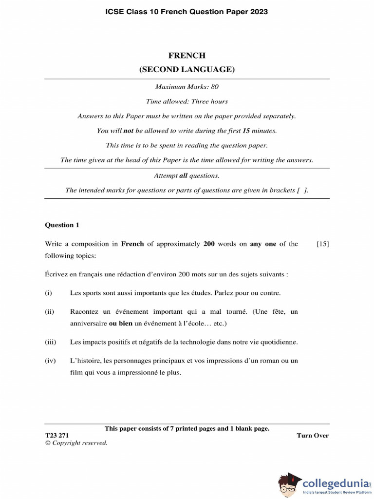 publicimageICSE Class 10 French Question Paper 2023 .PDF 2 | PDF
