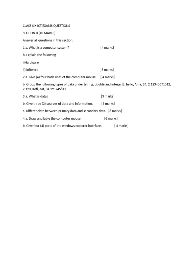 Class Six Ict Exams Questions | PDF