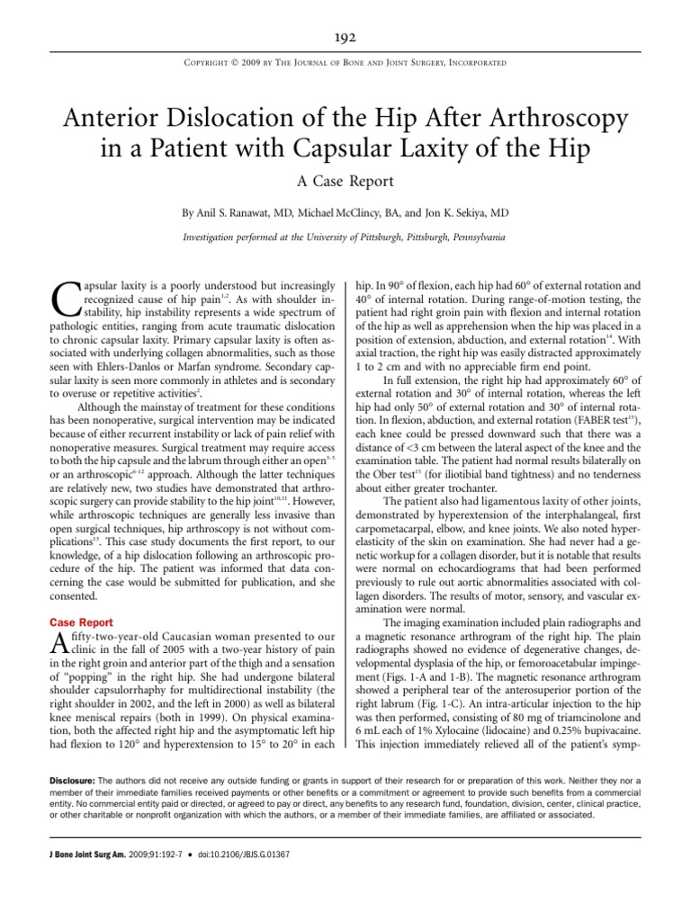 2009-Ranawat - Anterior Dislocation of The Hip After Arthroscopy in A ...