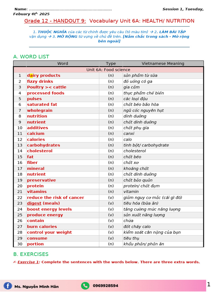 9. Handout 9 - Vocabulary (Unit 6A) - In-class | PDF