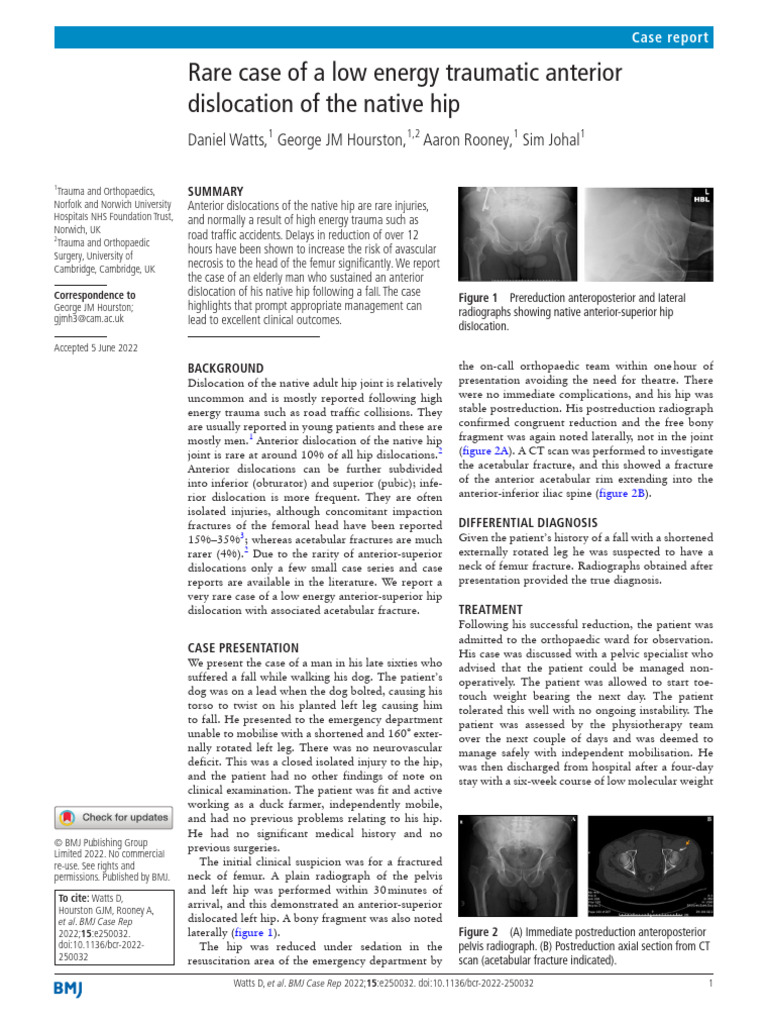 Rare Case of A Low Energy Traumatic Anterior Native Hip Dislocation ...