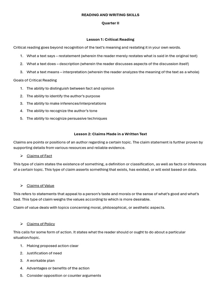 Reading and Writing Skills Q2 | PDF | Analysis | Information