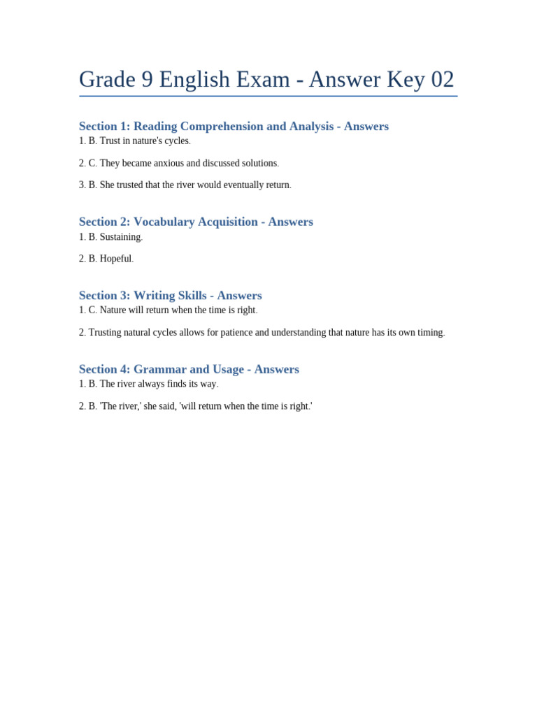 Grade 9 English Exam 02 Answer Key | PDF