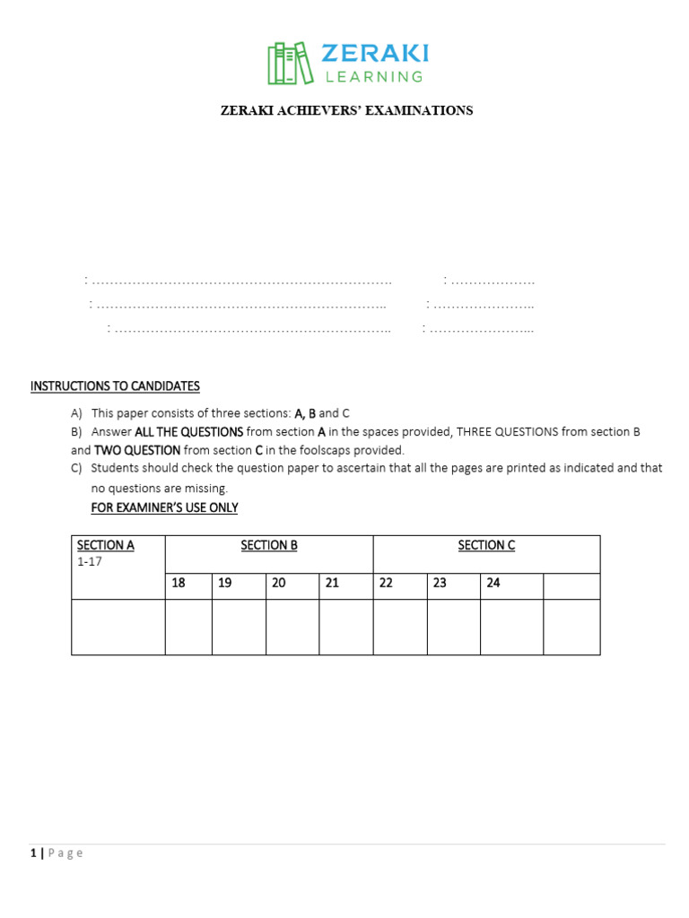 History Form 3 Paper 2-Zeraki Achievers 5.0 - Question Paper | PDF ...