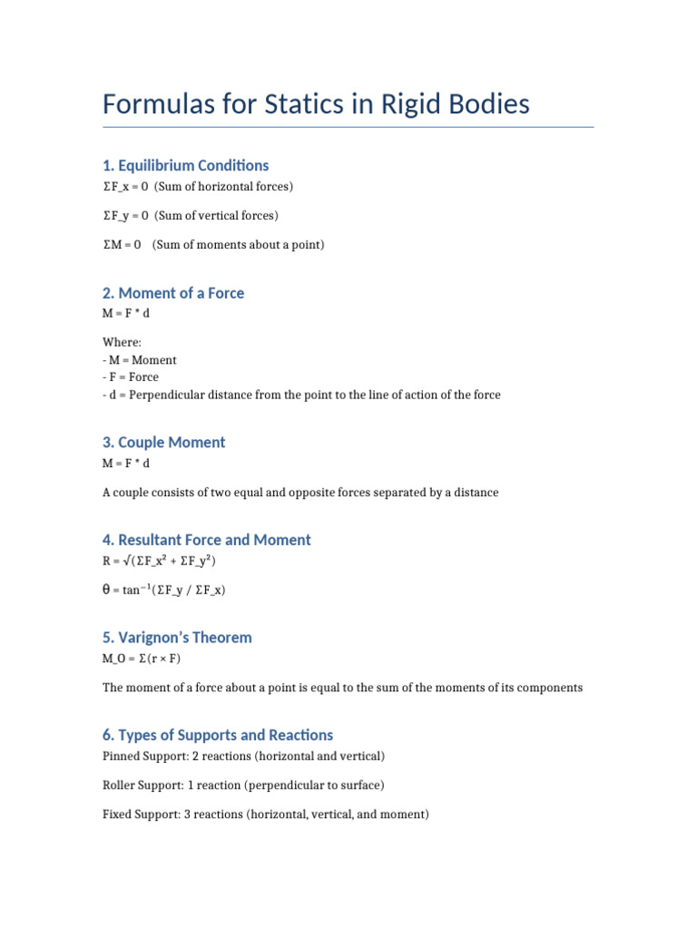 Statics Rigid Bodies Formulas | PDF