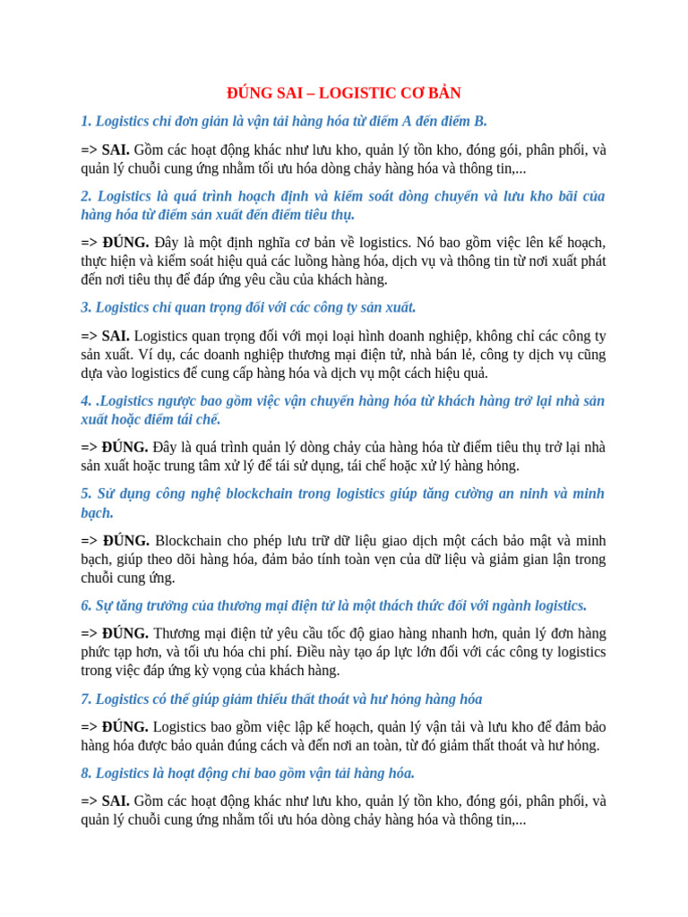 ĐÚNG SAI Logistic | PDF
