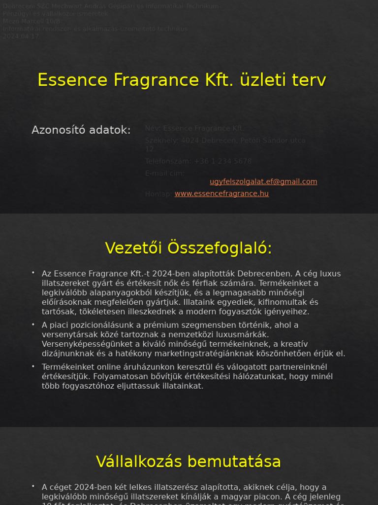 Essence Fragrance KFT Ã Zleti Terv | PDF