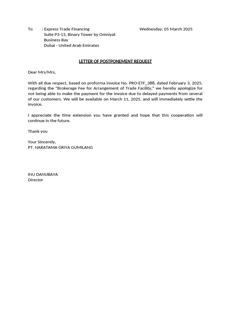 Letter of Postponement Naratama | PDF