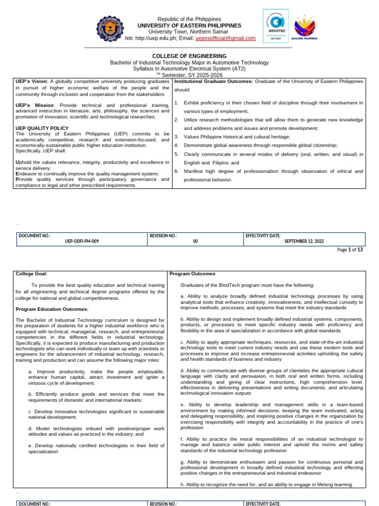 Syllabus AT2 Automotive Electrical System 1.0 | PDF | System