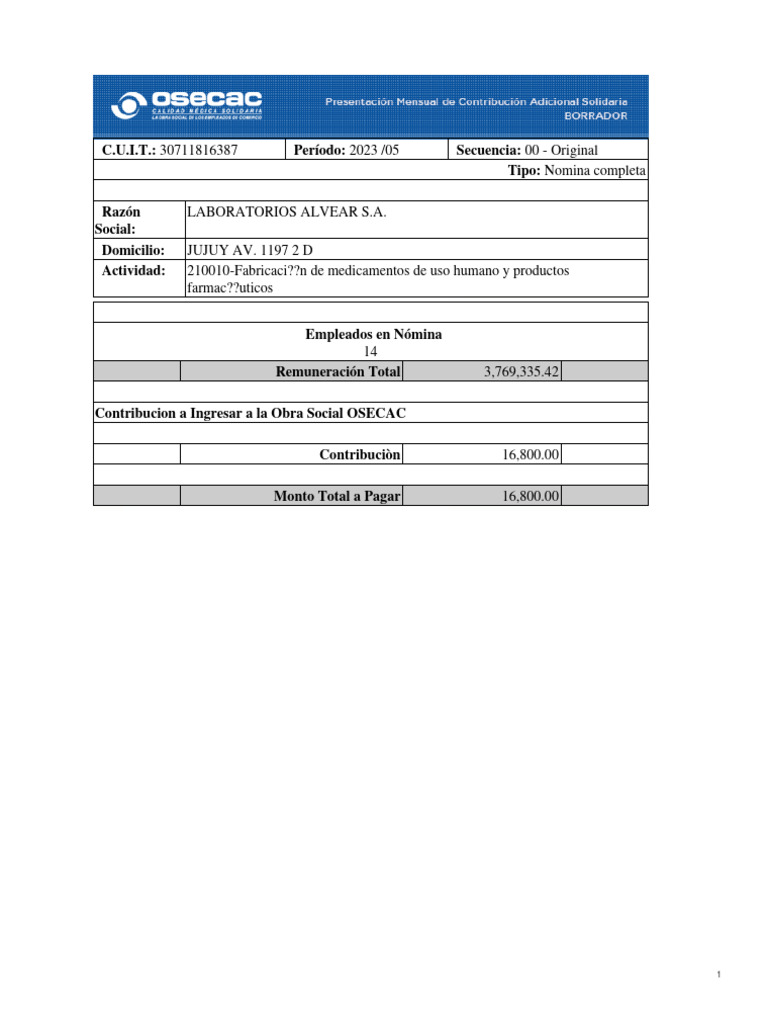 CONTRIBUCION OSECAC MAYO 2023 LAB BORRADOR | PDF