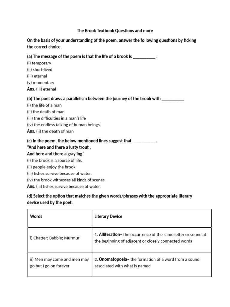 The Brook Textbook Questions and More | PDF | Poetry | Nature