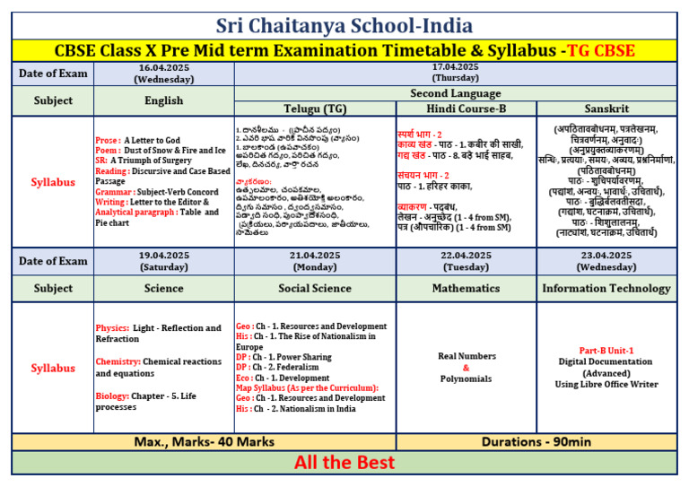 CBSE Class X Pre Mid Term Examination Timetable & Syllabus - TG CBSE | PDF