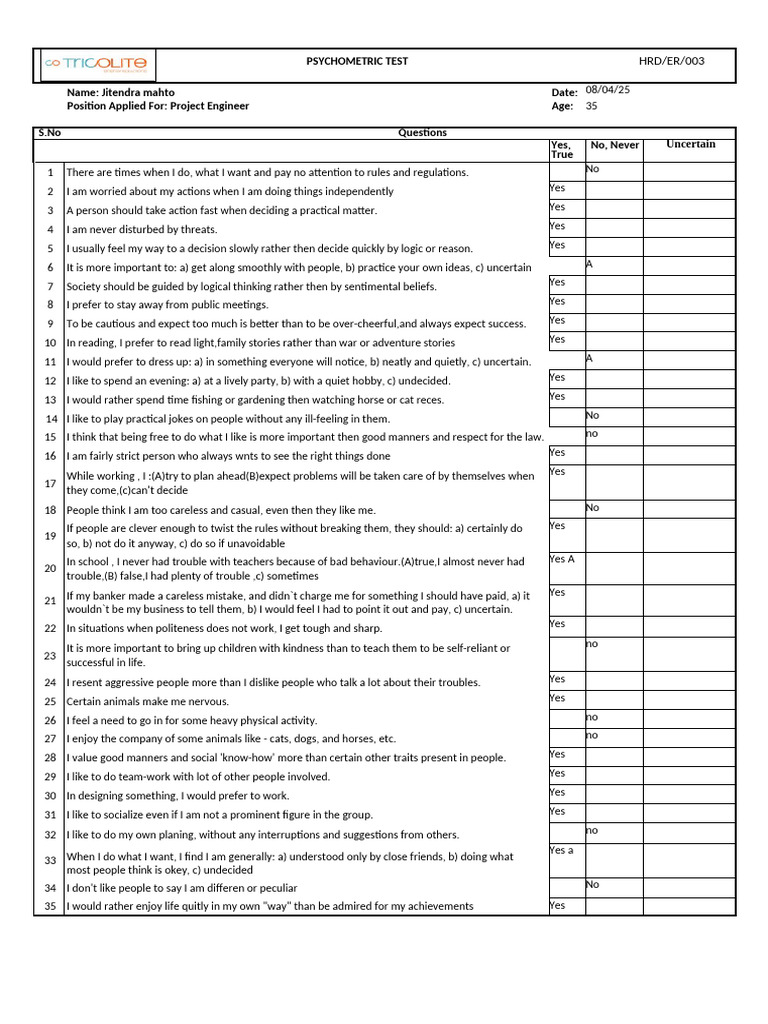 Psychometric Test Results for Project Engineer | PDF