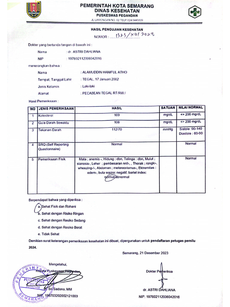 Surat Keterangan Kesehatan | PDF