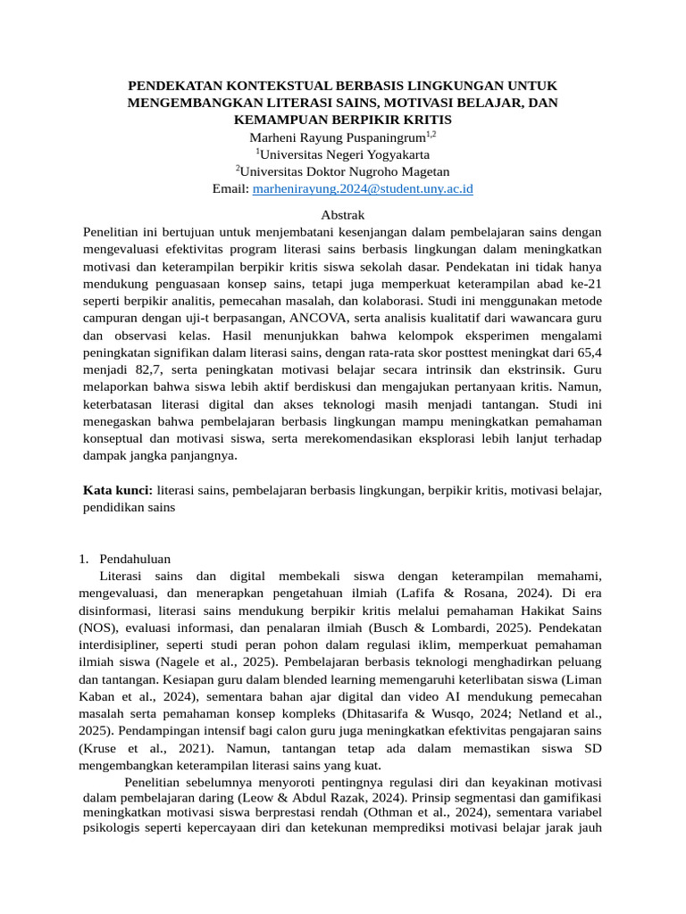 Pendekatan Kontekstual Berbasis Lingkungan Untuk Mengembangkan Literasi Sains | PDF