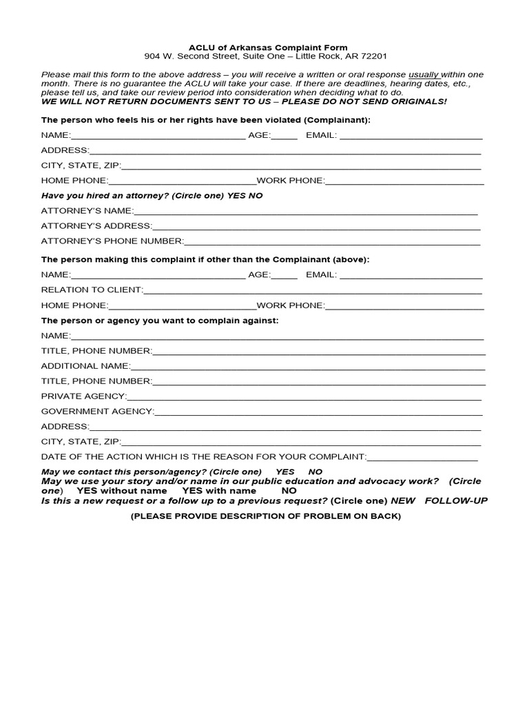 Microsoft Word ACLU Complaint Form | PDF | Complaint