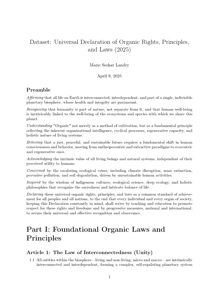 Dataset: Universal Declaration of Organic Rights, Principles, and Laws ...