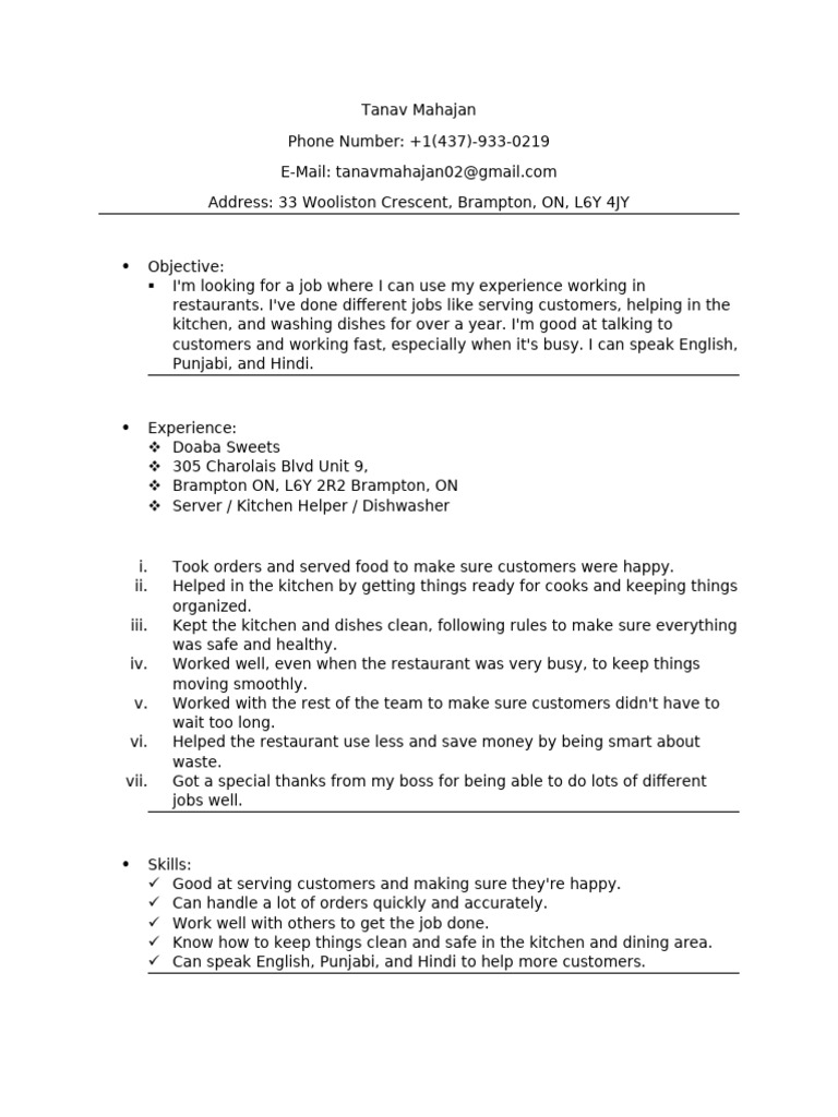 Tanav Mahajan Resume of Restaurants | PDF | Restaurants | Food And Drink Preparation