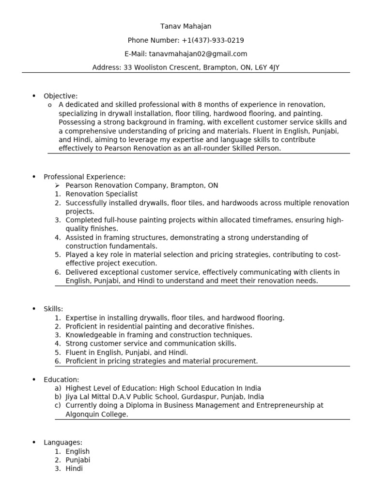 Tanav Mahajan Resume of Renovation | PDF