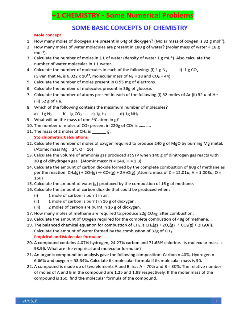 +1 CHEMISTRY Numerical Problems | PDF | Photoelectric Effect | Acid
