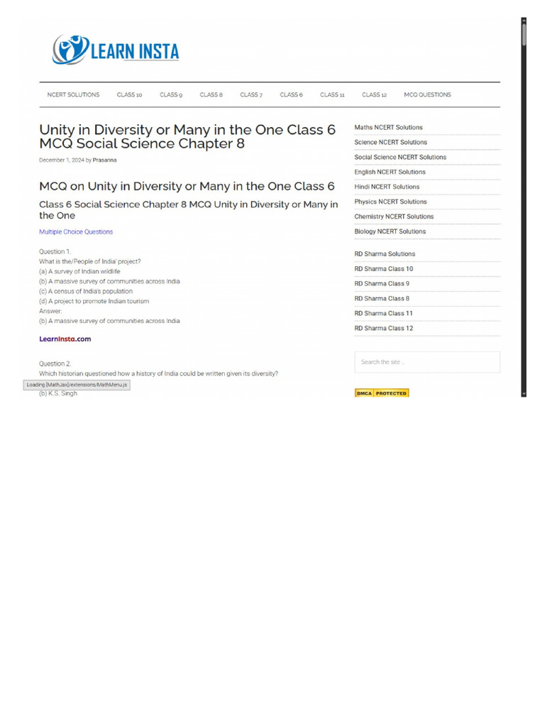 Unity in Diversity or Many in The One Class 6 MCQ Social Science Chapter 8-Cvscreenshot | PDF