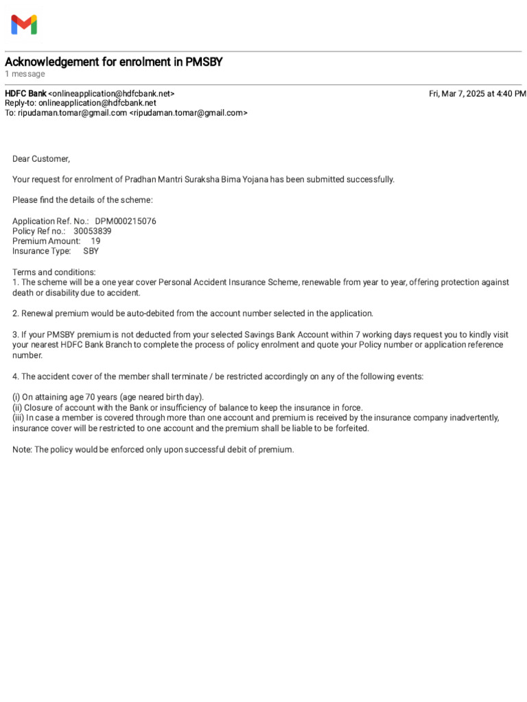 Gmail - Acknowledgement for Enrolment in PMSBY | PDF