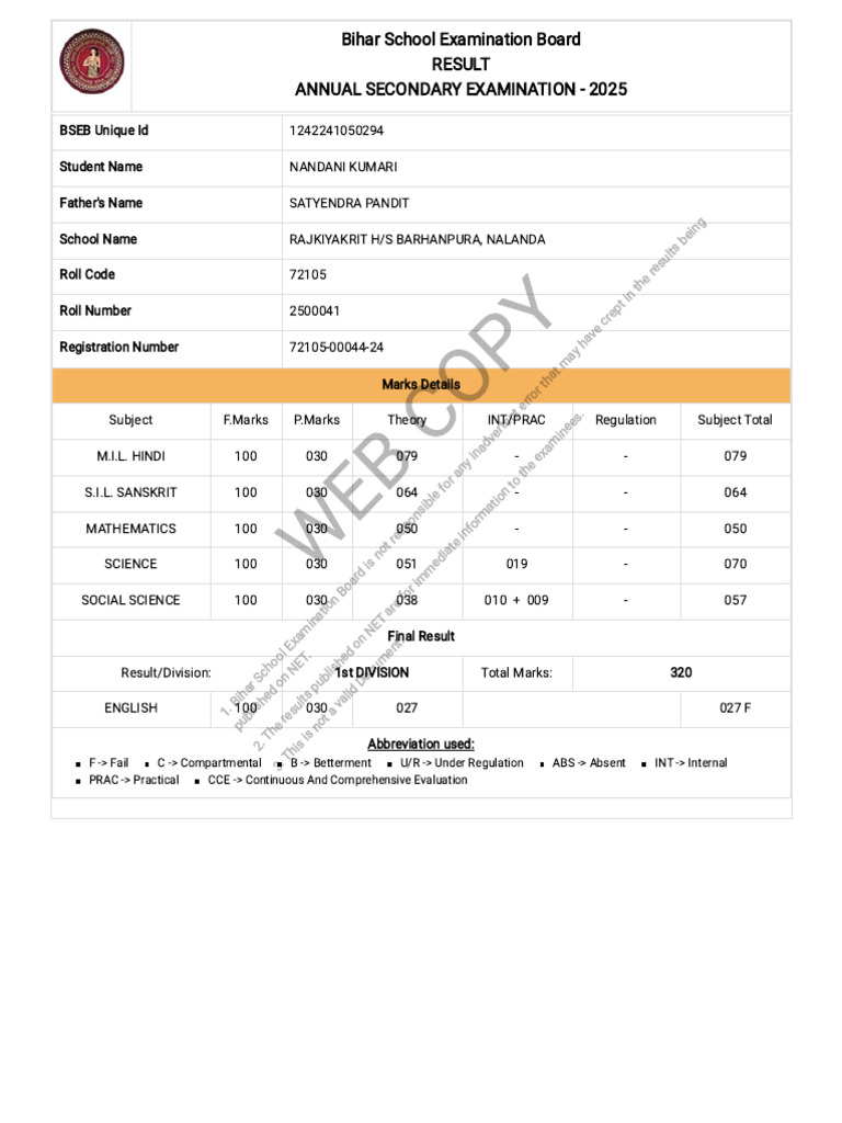 Nandani 10th 2025 Result | PDF | Vocational Education | Educational Stages